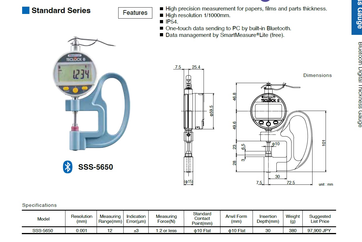 Ichiban Precision Sdn Bhd - Teclock - Teclock Bluetooth Digital Thickness Gauge, Bluetooth ...